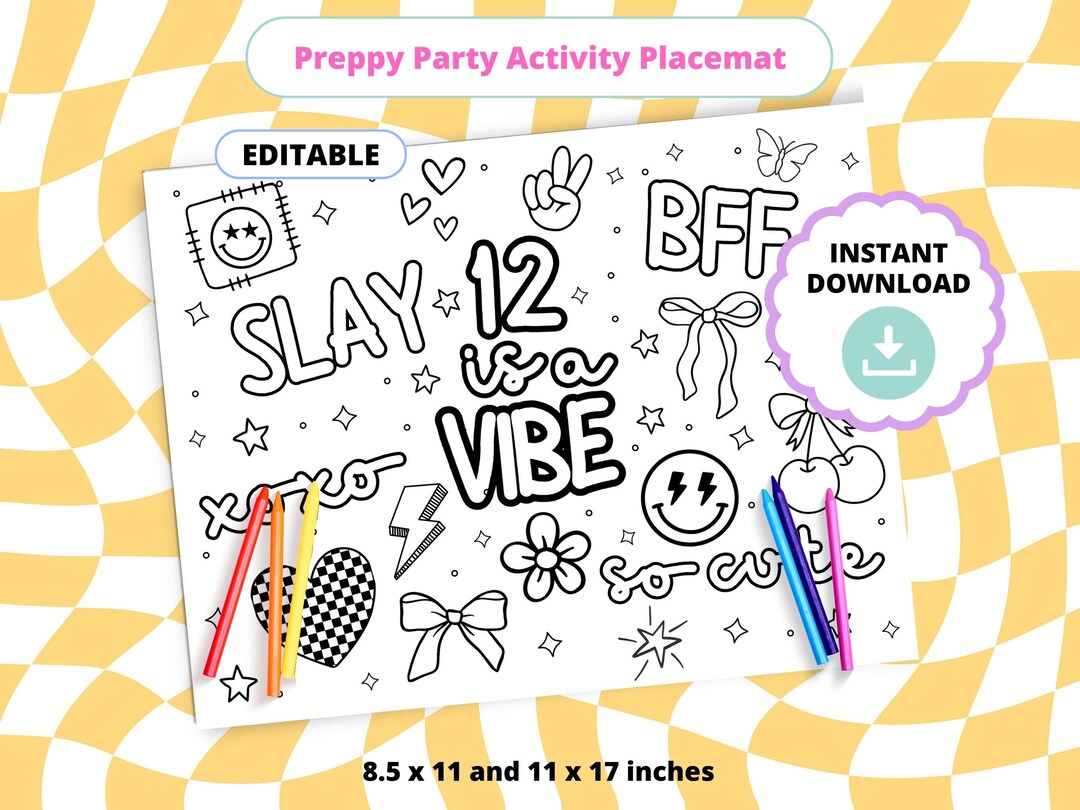 Twelve Preppy Birthday Activity Placemat| 12 is a Vibe | Preppy Party ...