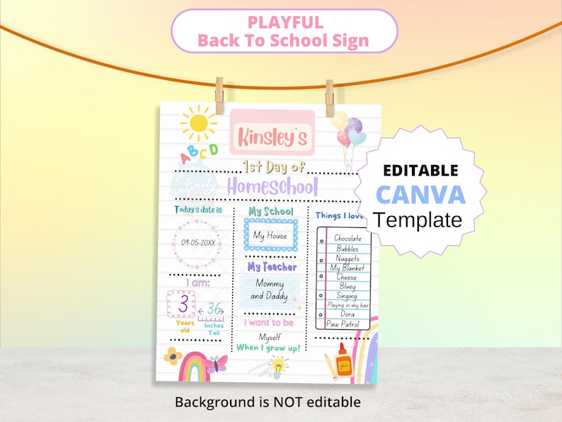 Back to School Sign Template Printable| Editable First Day Photo Prop ...