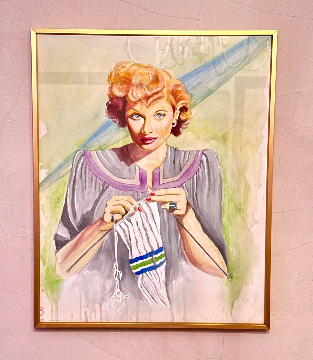 Lucy Knitting Painting: Original Watercolor & Acrylic Art, Framed - Etsy