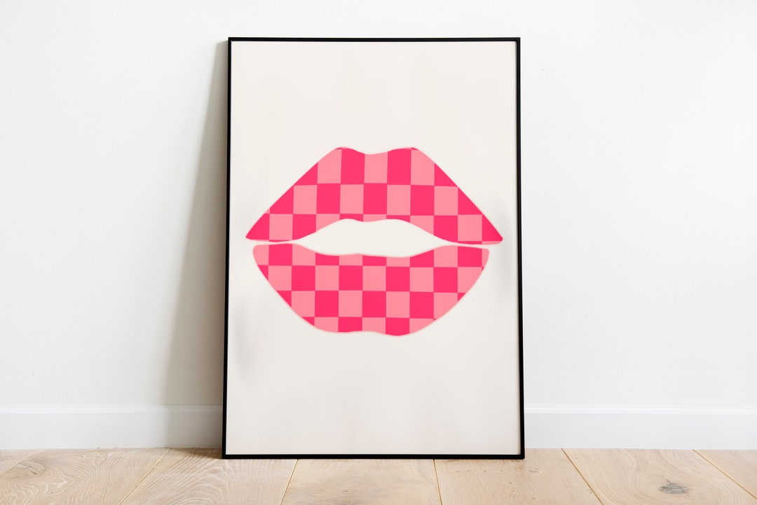 Retro Checkered Lips Wall Art, Digit Print, Lips Design, Large Wall Art ...