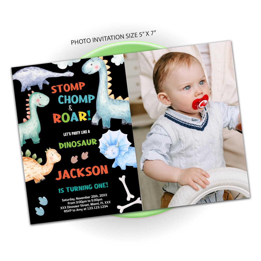 Printable Green Dinosaur Birthday Invitation With Photo, Dinosaur ...