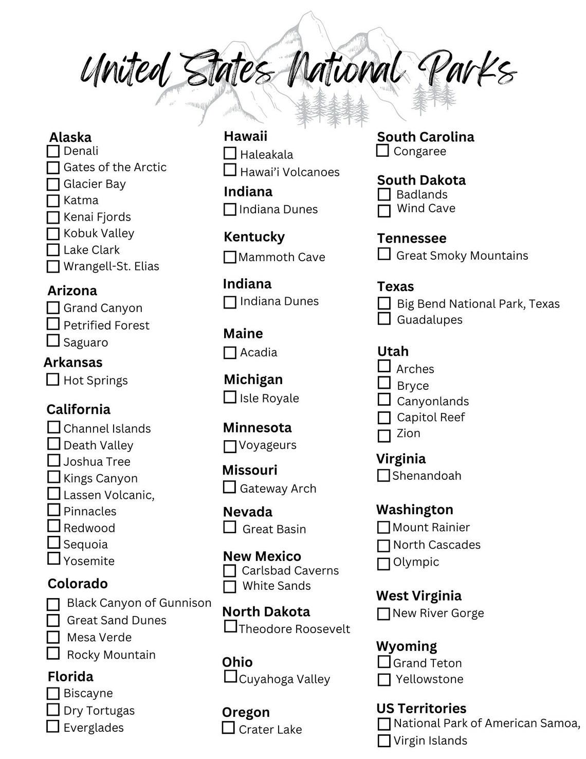 Printable US National Parks Checklist, Digital National Parks Checklist ...