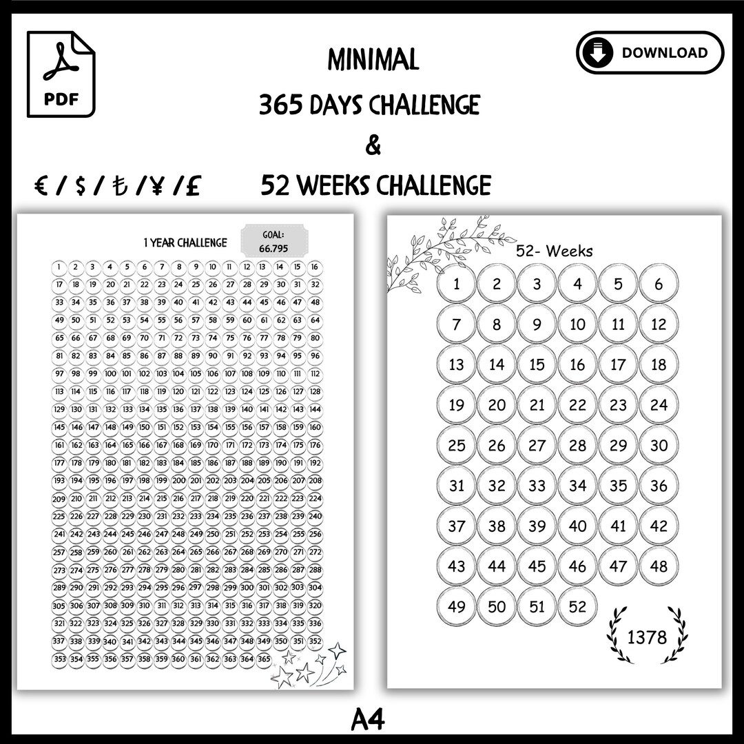 365 Days and 52 Weeks Challenge for Savings | Savings Challenge A4 ...