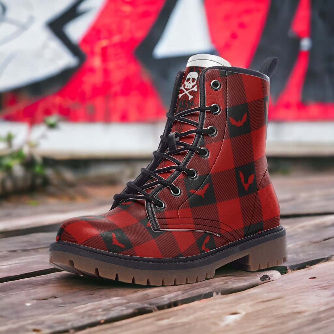 Red Plaid Bat Gothic, Punk, Combat Boots in Unisex Casual Lightweight ...