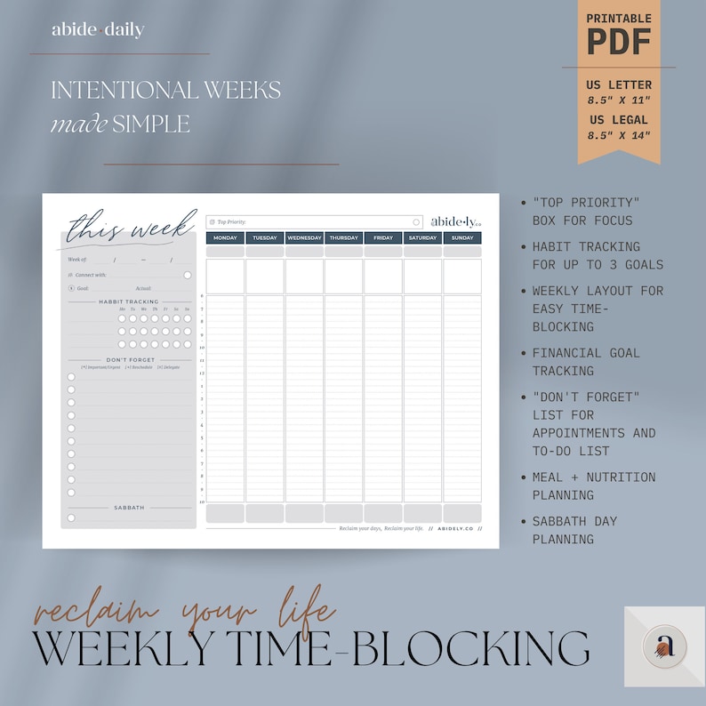 Abidely Weekly Time-blocking Worksheet: Printable PDF Weekly Planner ...