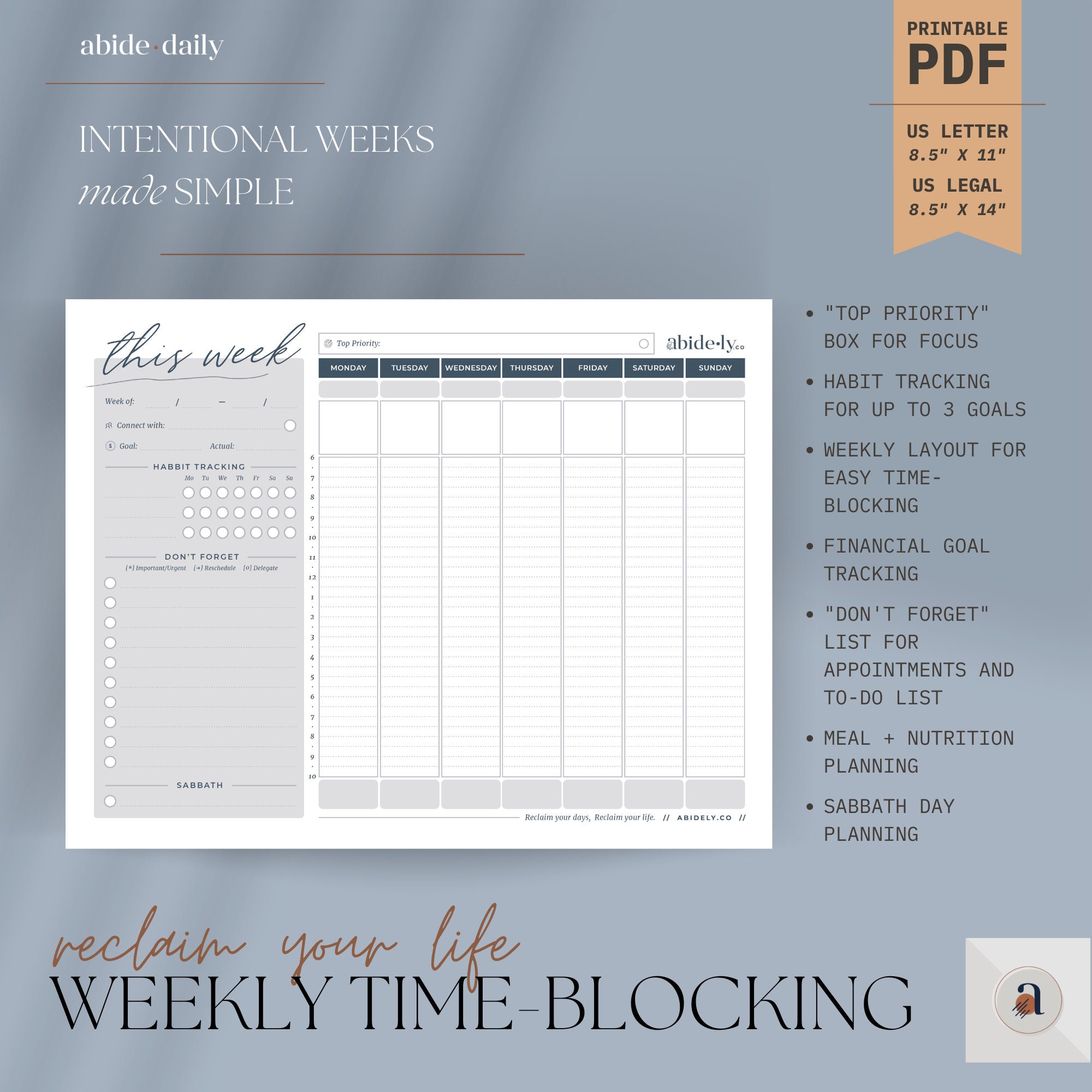Abidely Weekly Time-blocking Worksheet: Printable PDF Weekly Planner ...