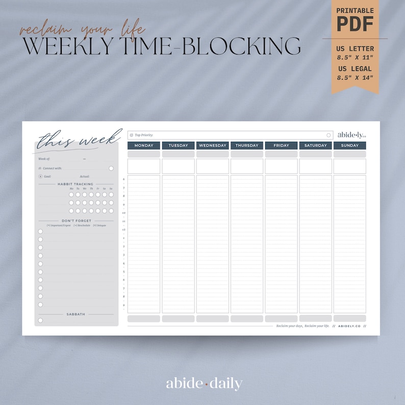 Abidely Weekly Time-blocking Worksheet: Printable PDF Weekly Planner ...