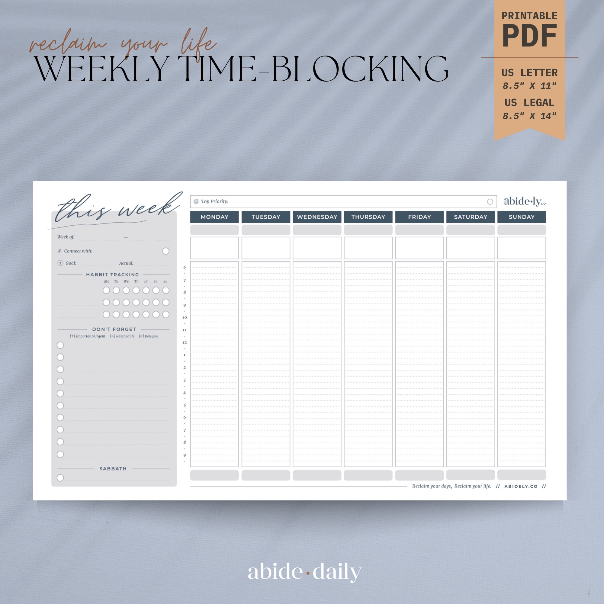 Abidely Weekly Time-blocking Worksheet: Printable PDF Weekly Planner ...