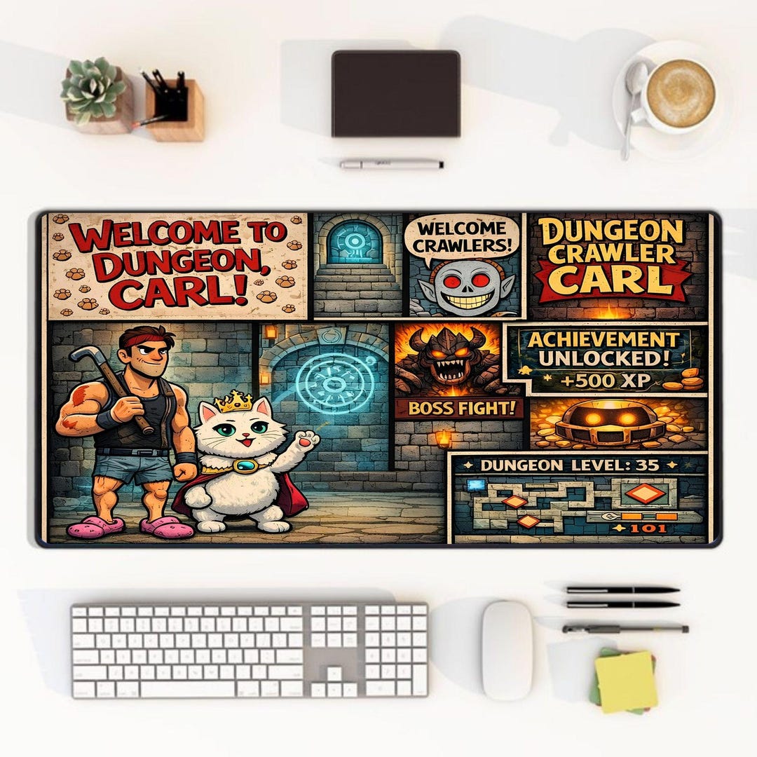 Dungeon Crawler Cat Desk Mat, Funny Fantasy Gamer Mouse Pad, Book Lover ...