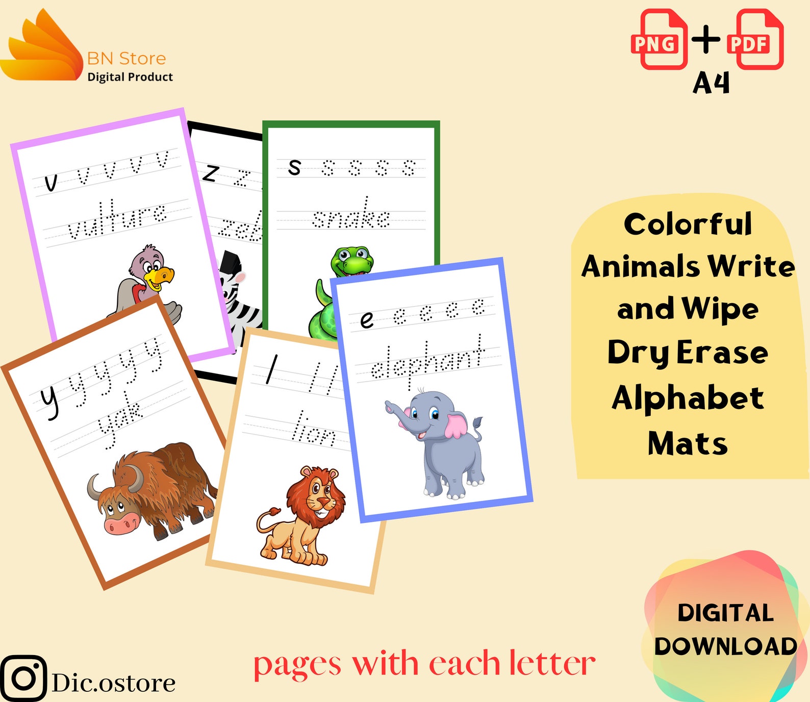 Alphabet Animals Book A-Z Kindergarten Homeschoo | Colorful Animals ...