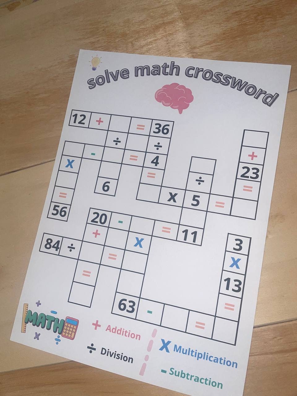 Solve Math Crossword Math Cross Word Puzzle Fill the - Etsy