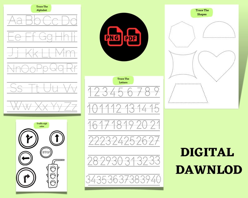 Trace the Alphabet and Numbers, Shapes Traffic Sigh Color Handwriting ...