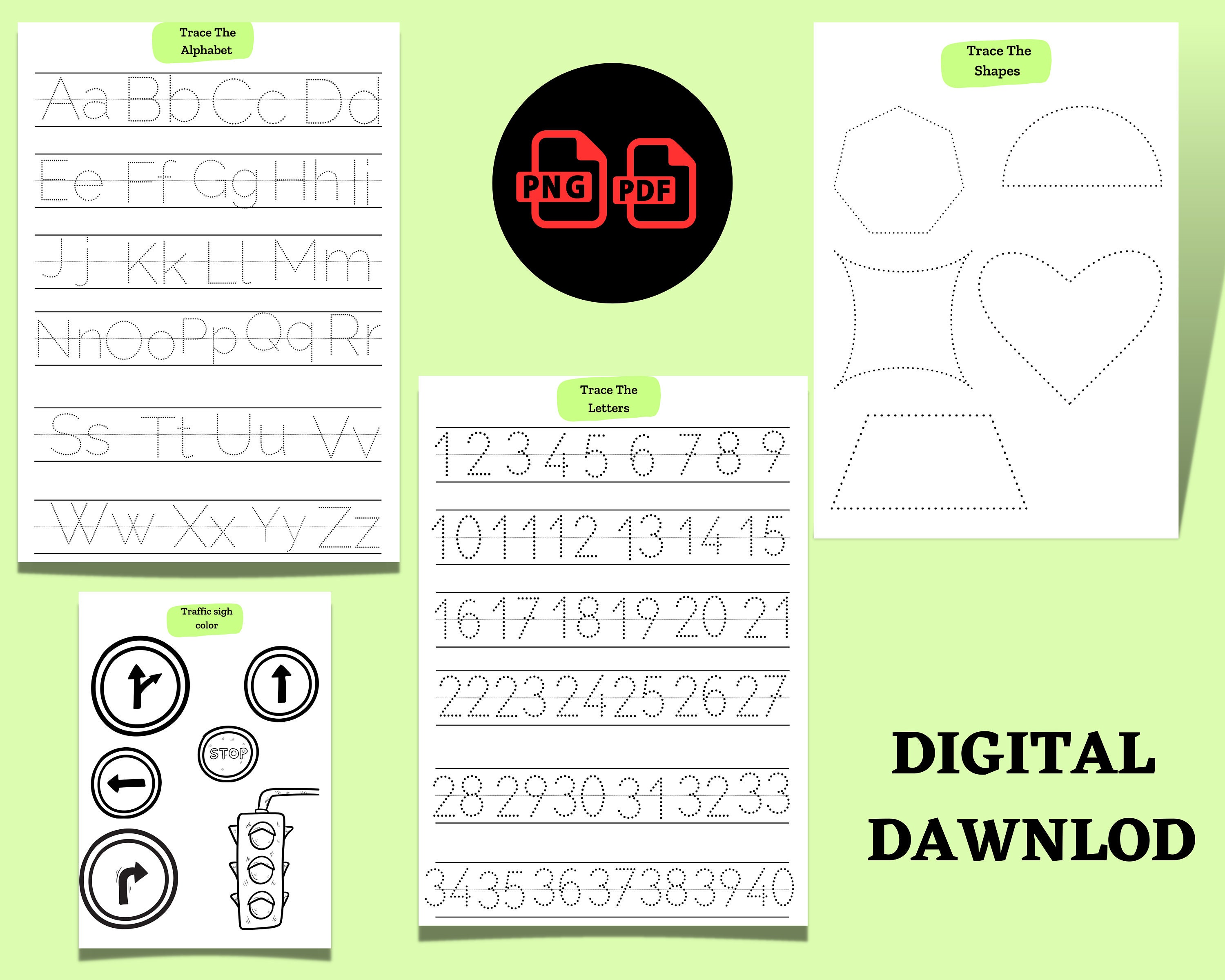 Trace the Alphabet and Numbers, Shapes Traffic Sigh Color Handwriting ...
