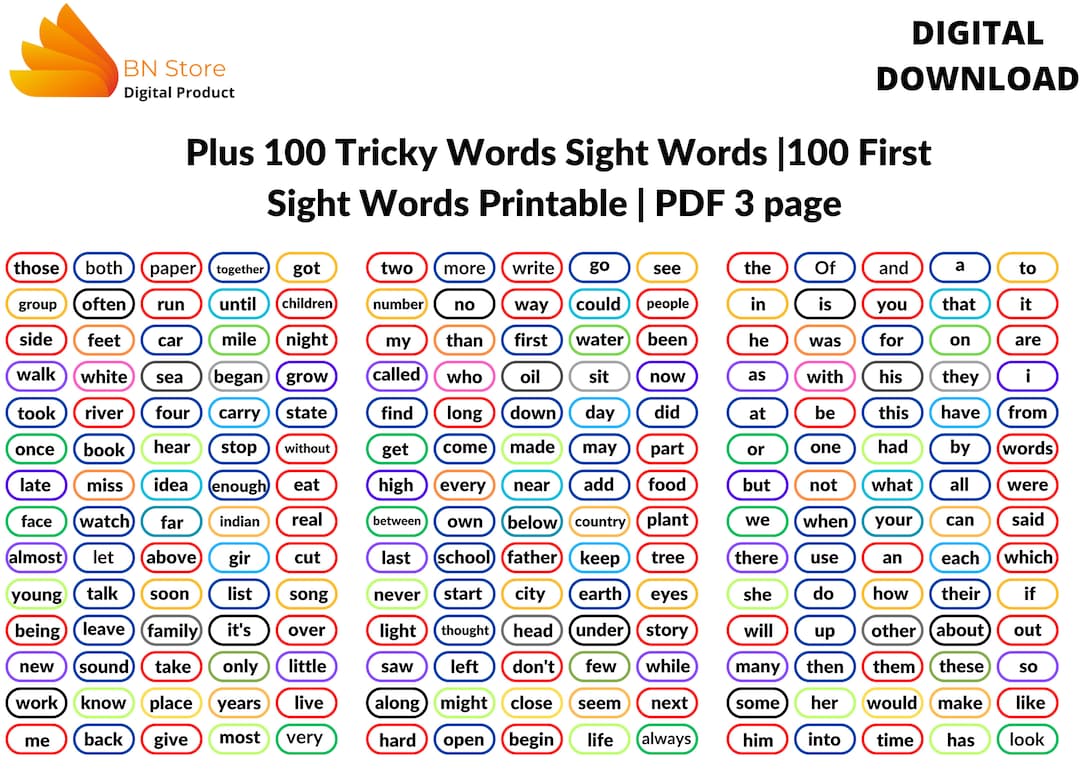 Over 100 Tricky Words |fry Words | Over 100 Fey Sight Words | Sight ...