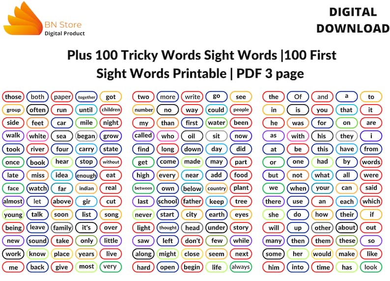 Over 100 Tricky Words |fry Words | Over 100 Fey Sight Words | Sight ...