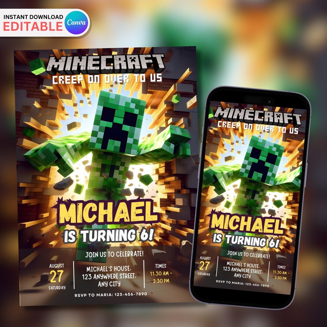 Minecraft Birthday Invitation, Minecraft Party, Creeper Invite, Gamer ...