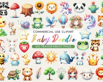 Boho Baby Watercolor Clipart, Cute Boho Doodle Clipart Bundle, Nursery ...