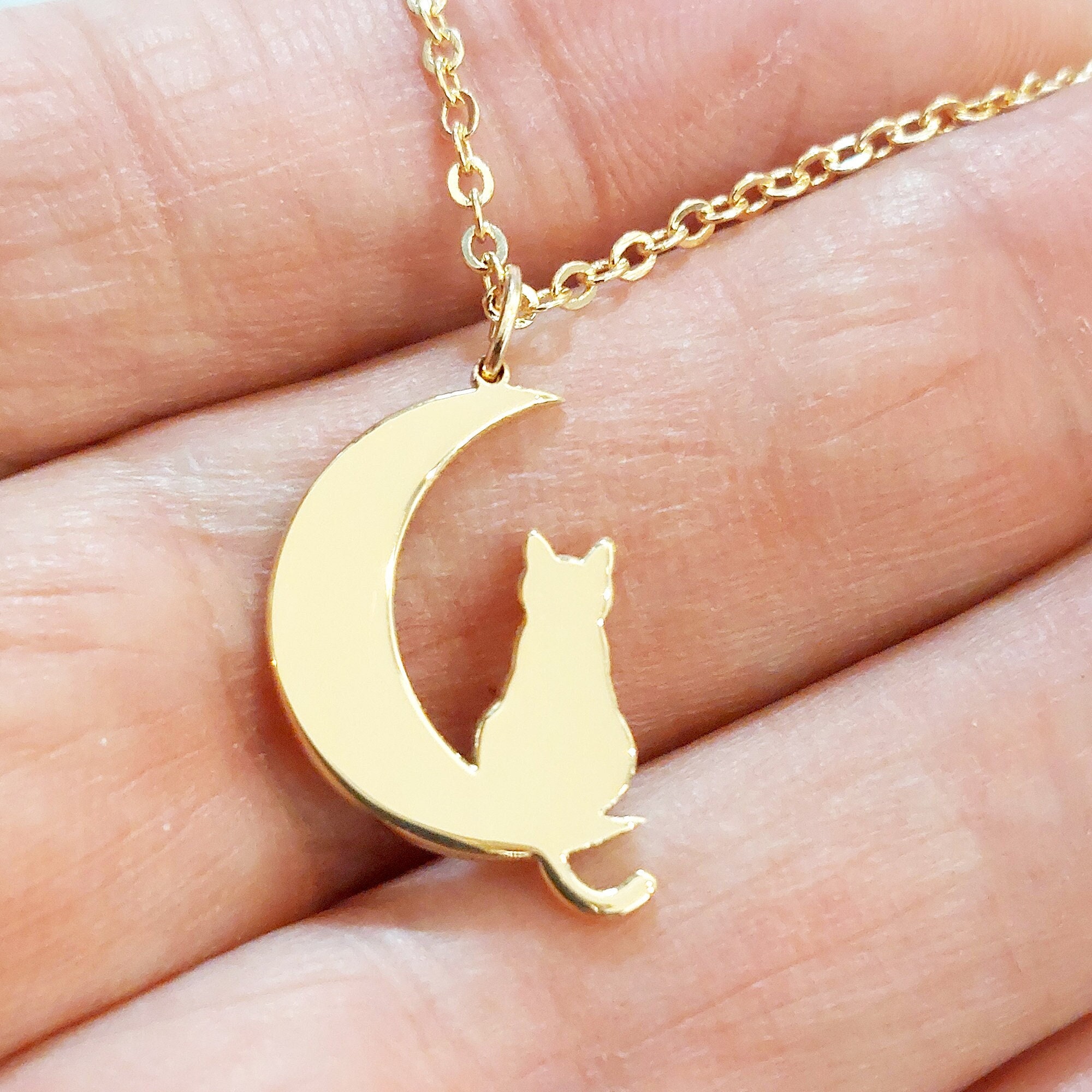 14k Solid Gold Cat on Moon Necklace, Cat and Moon Necklace, Cat Pendant ...