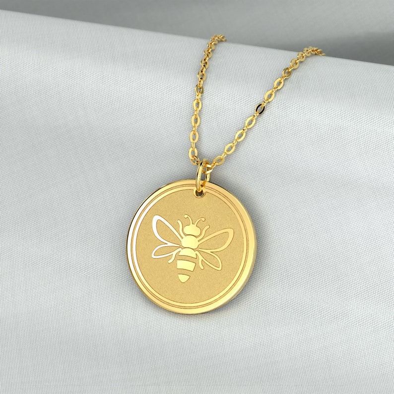14k Pure Solid Gold Bee Necklace, Honey Bee Necklace, Bee Coin Necklace ...