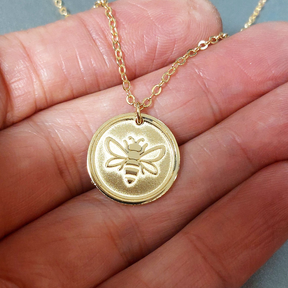 14k Pure Solid Gold Bee Necklace, Honey Bee Necklace, Bee Coin Necklace ...