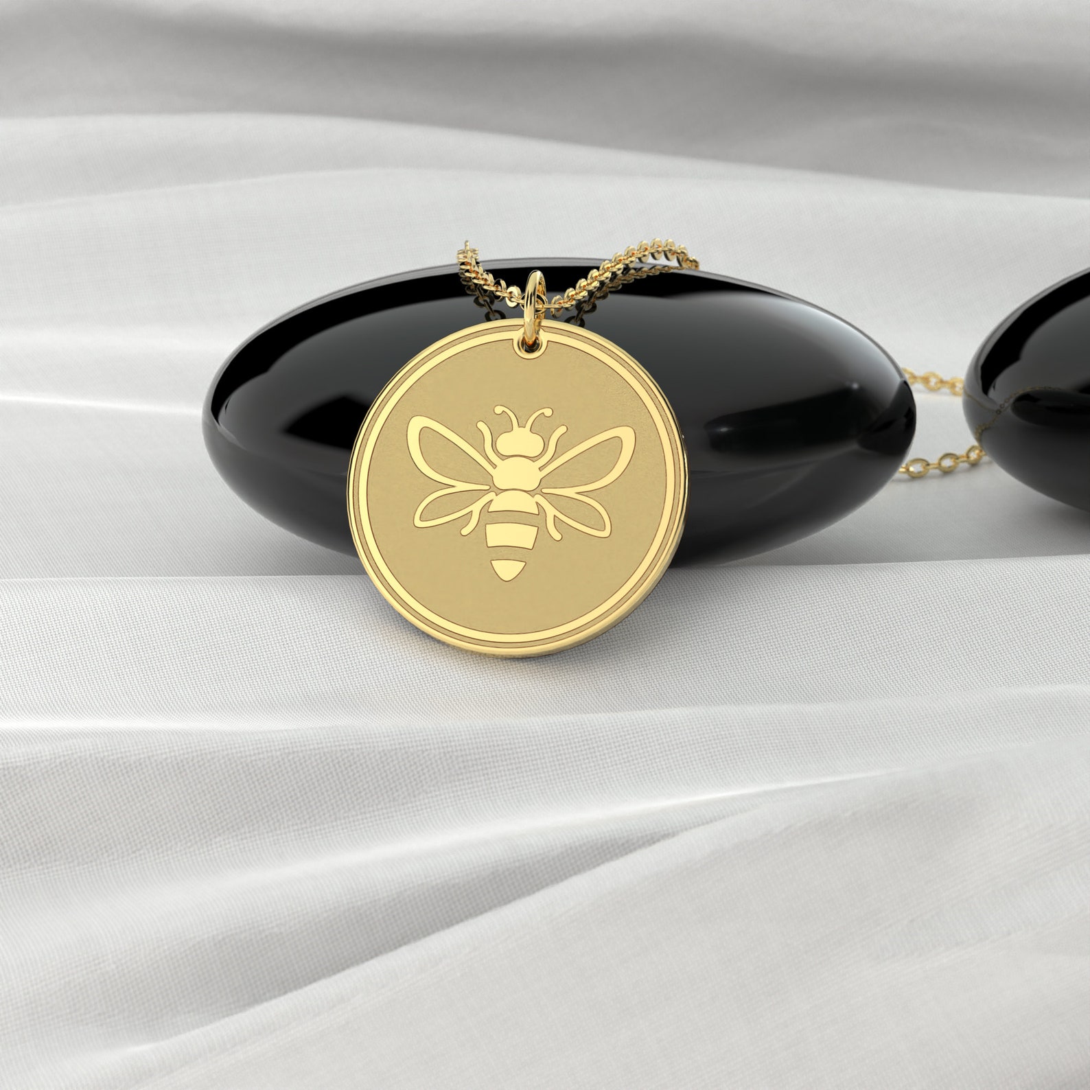 14k Pure Solid Gold Bee Necklace, Honey Bee Necklace, Bee Coin Necklace ...