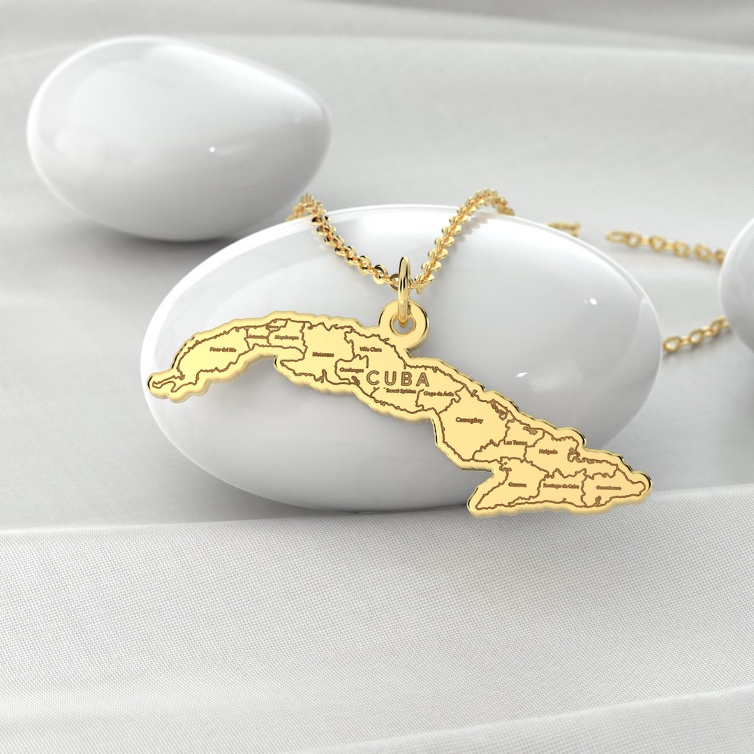 14k Gold Cuba Map Necklace Intricately Detailed Pendant With Cities and ...