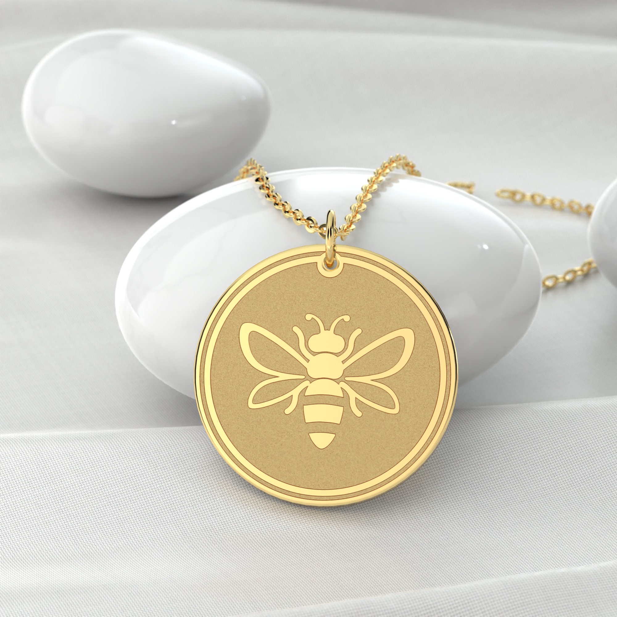 14k Pure Solid Gold Bee Necklace, Honey Bee Necklace, Bee Coin Necklace ...
