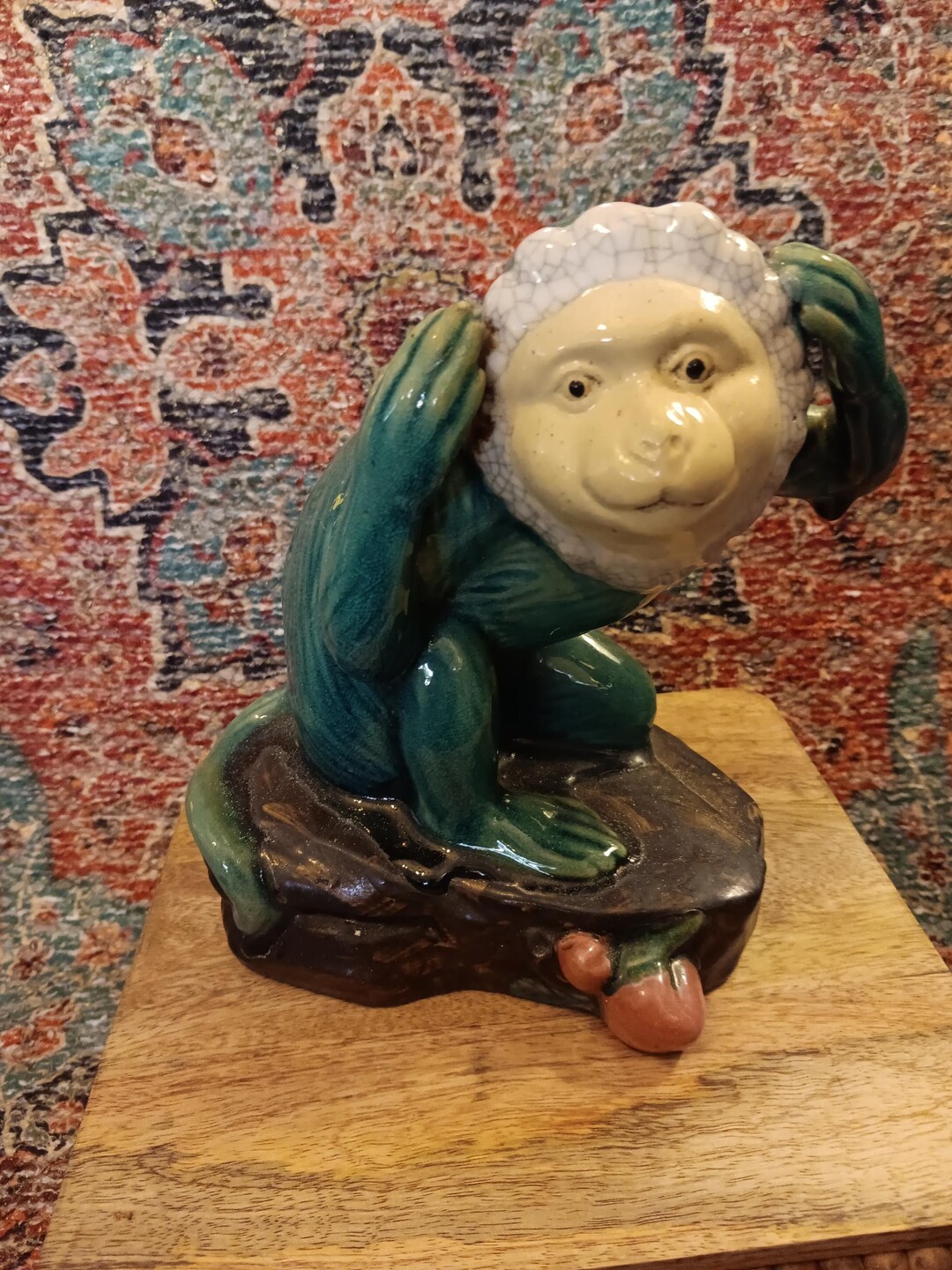 Vintage Majolica Monkey Capuchin Figure Glazed Ceramic "hear No Evil ...