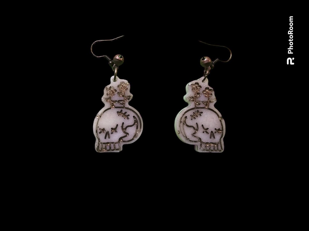 Skull Death Grunge Resin Epoxy Flowers Cottage Core Earrings Bells ...