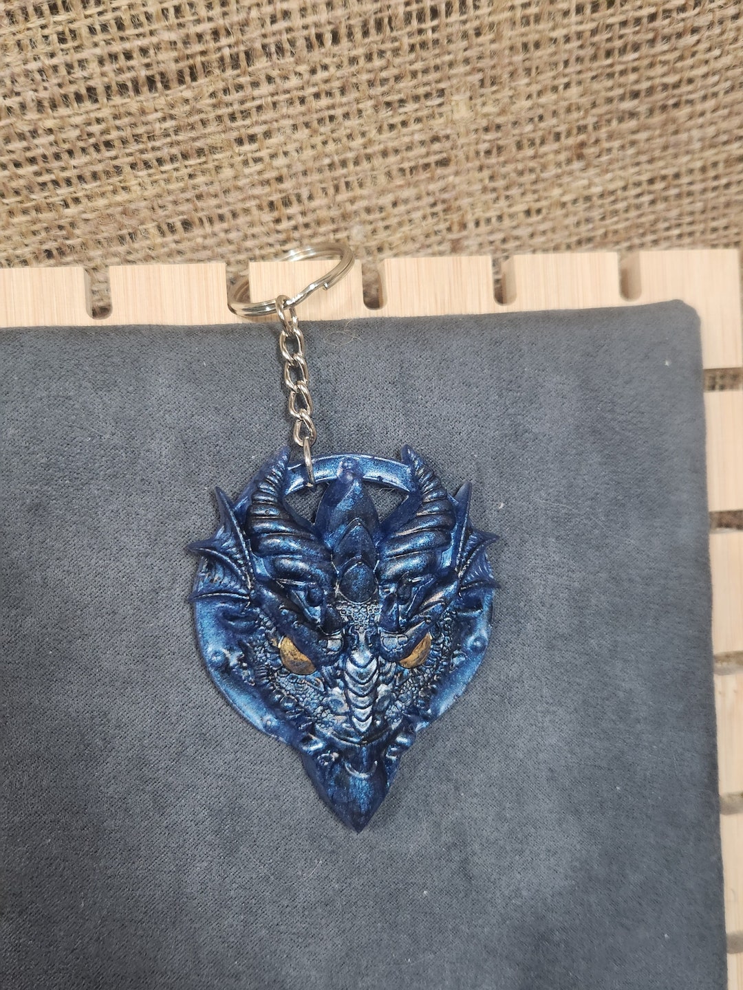 Dragon Medallion Medal Blue Sparkly Gold Eyes Keychain O Ring Chain ...