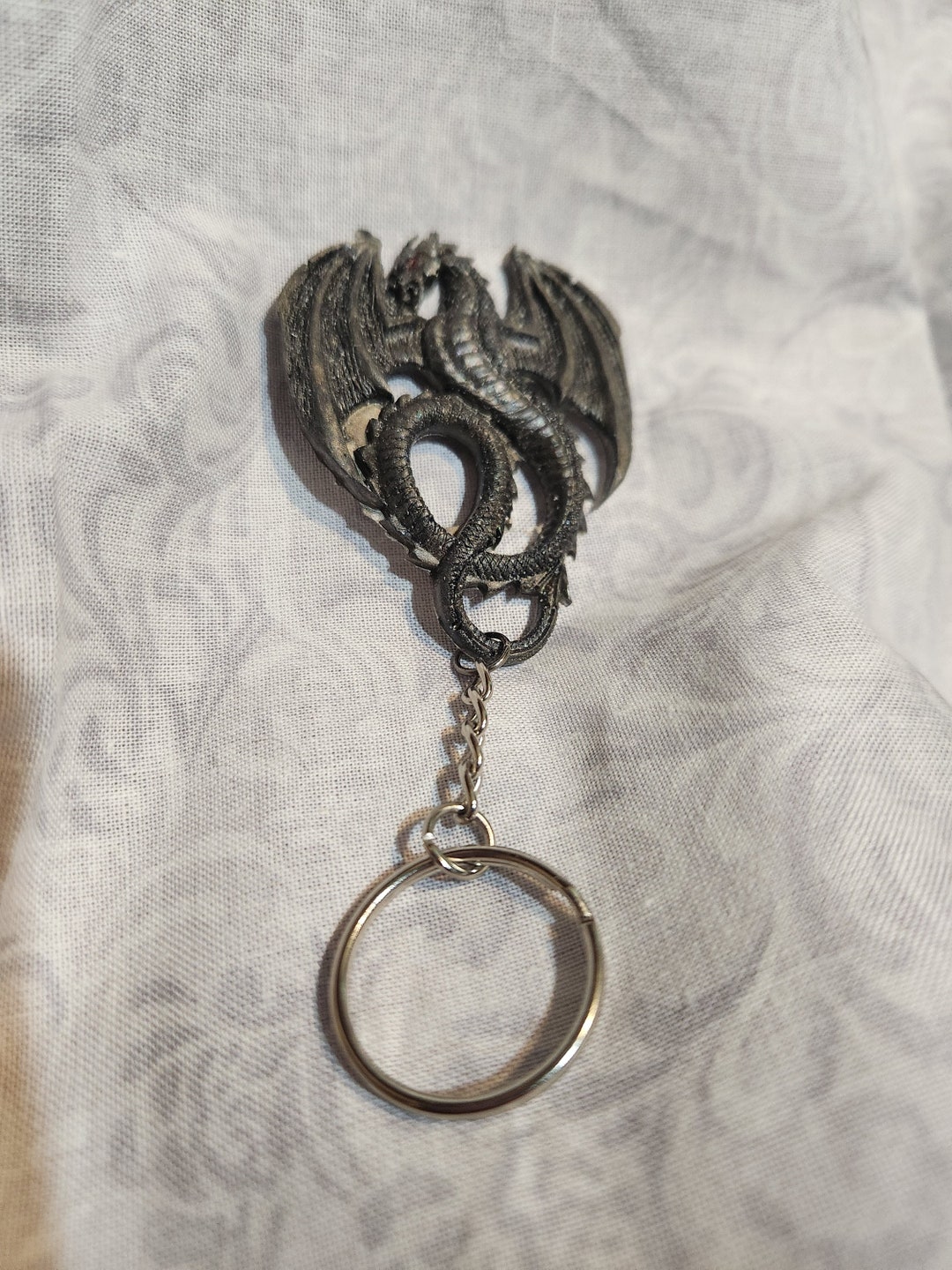 Dragon Medallion Keychain Charm Medal Good Luck Silver Black O Ring Key ...