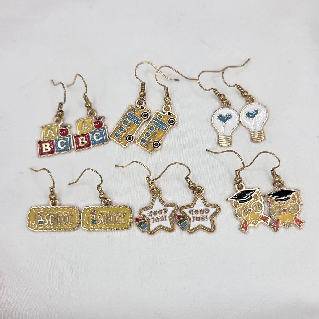 Colorful Back to School Drop Earrings, Enamel Bus/graduation Owl ...