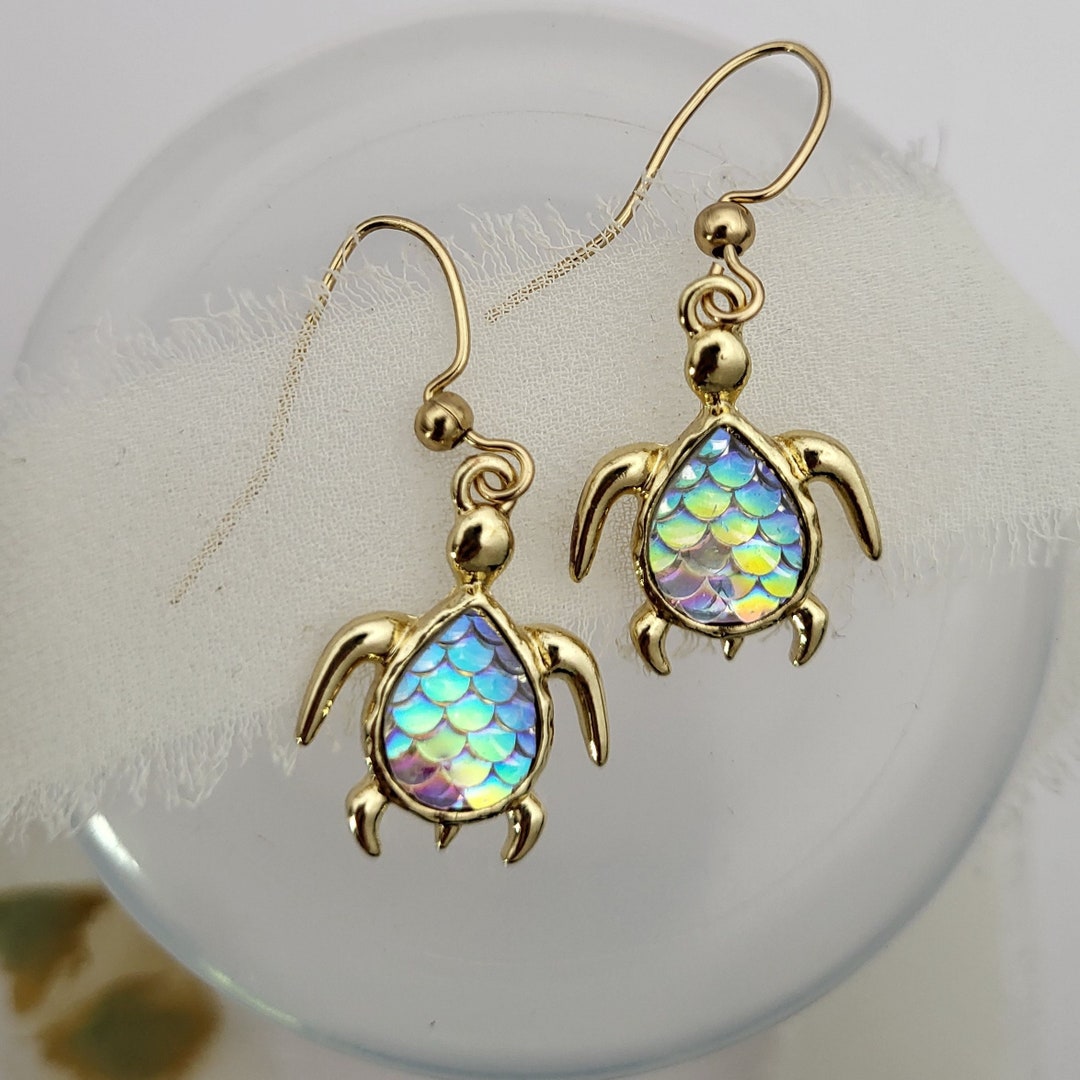 Sea Turtle Earrings, Sea Turtle Drop Earrings, Iridescent Shell ...