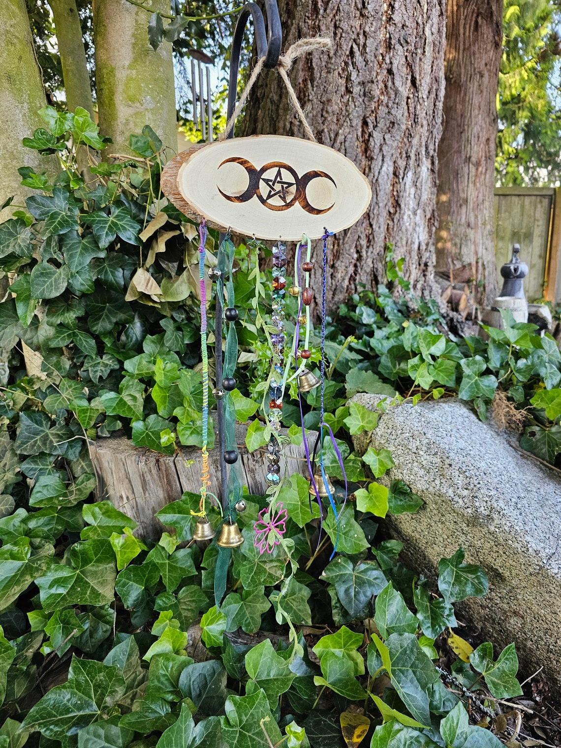 Moon Phases Wood Burned Untreated Wood Slice Witch Bells Hanging Decor ...