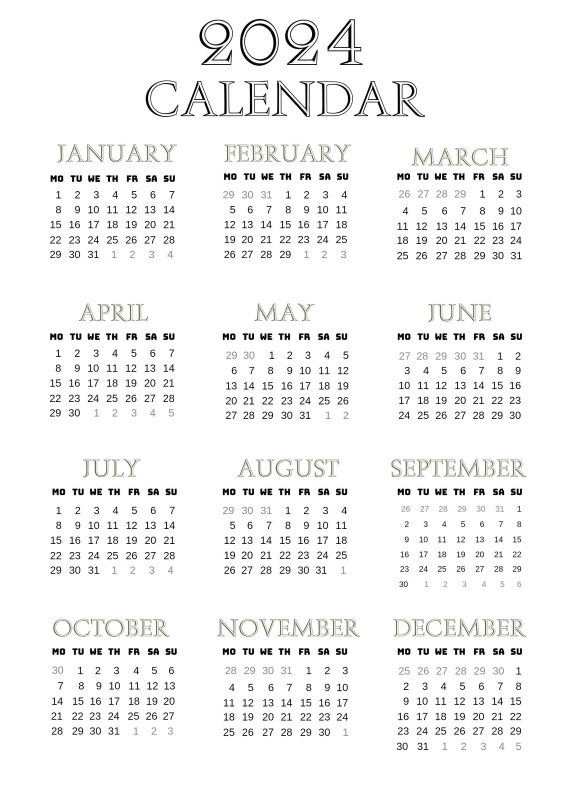 2024 Calendar, Calendar Png, Calendar Clipart, Instant Download ...