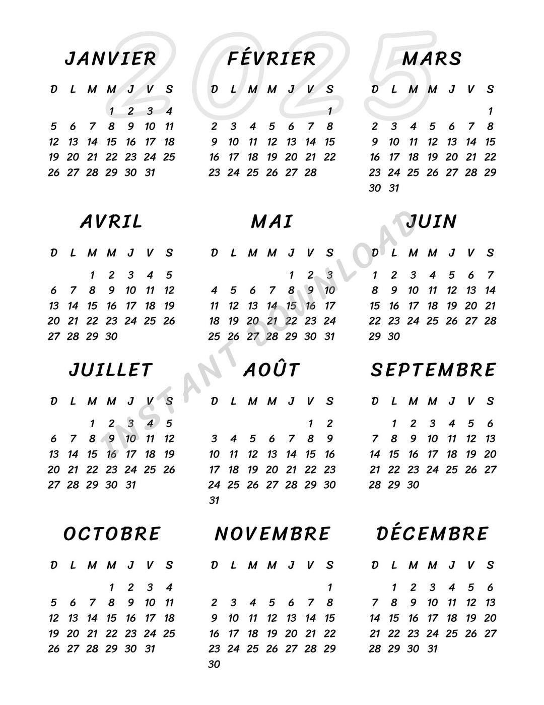 2025 French Calendar, Minimalist Calendar, Transparent Background, PNG ...
