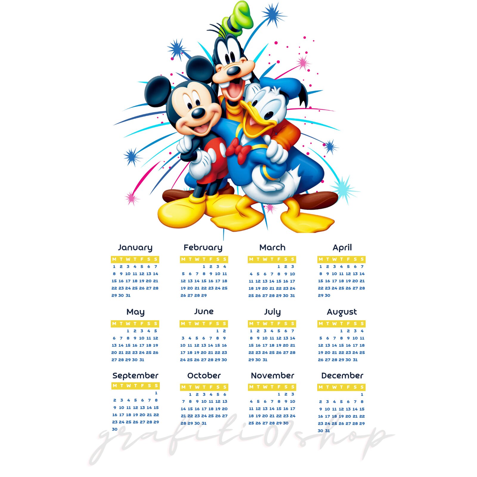 Mickey Mouse Themed Calendar, Donald Duck Themed Calendar, Goofy Themed ...