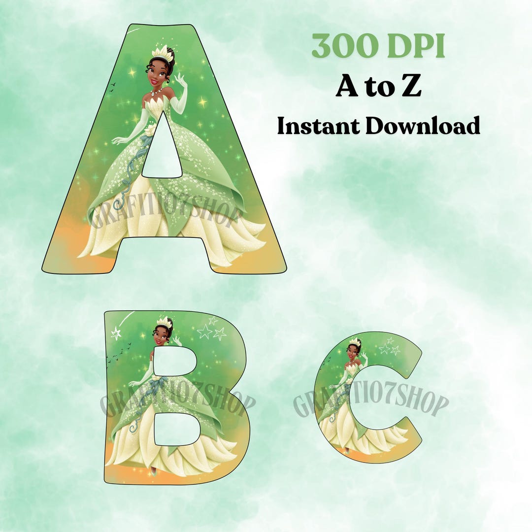 Princess Tiana Alphabet, A to Z, Tiana Themed Font, PNG Format ...