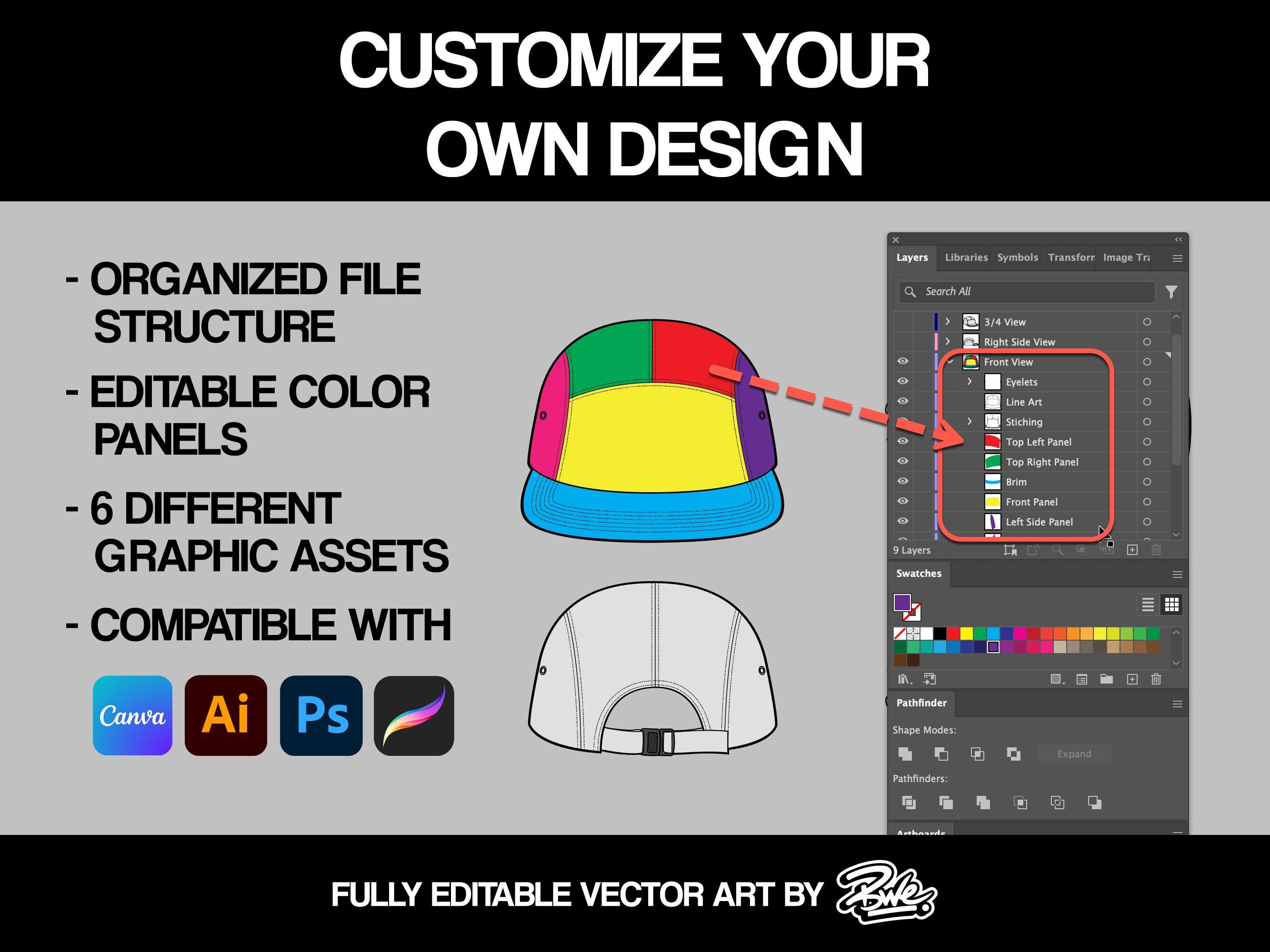 Fully Editable Five Panel Camp Hat Vector Art Fashion Template Eps Psd ...