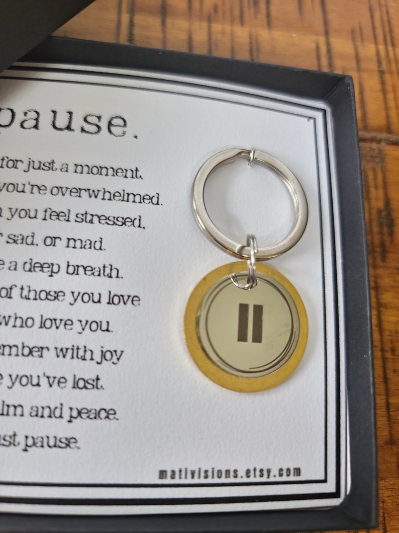 Pause Symbol Keychain: Stainless Steel & Brass Charm, Encouragement ...