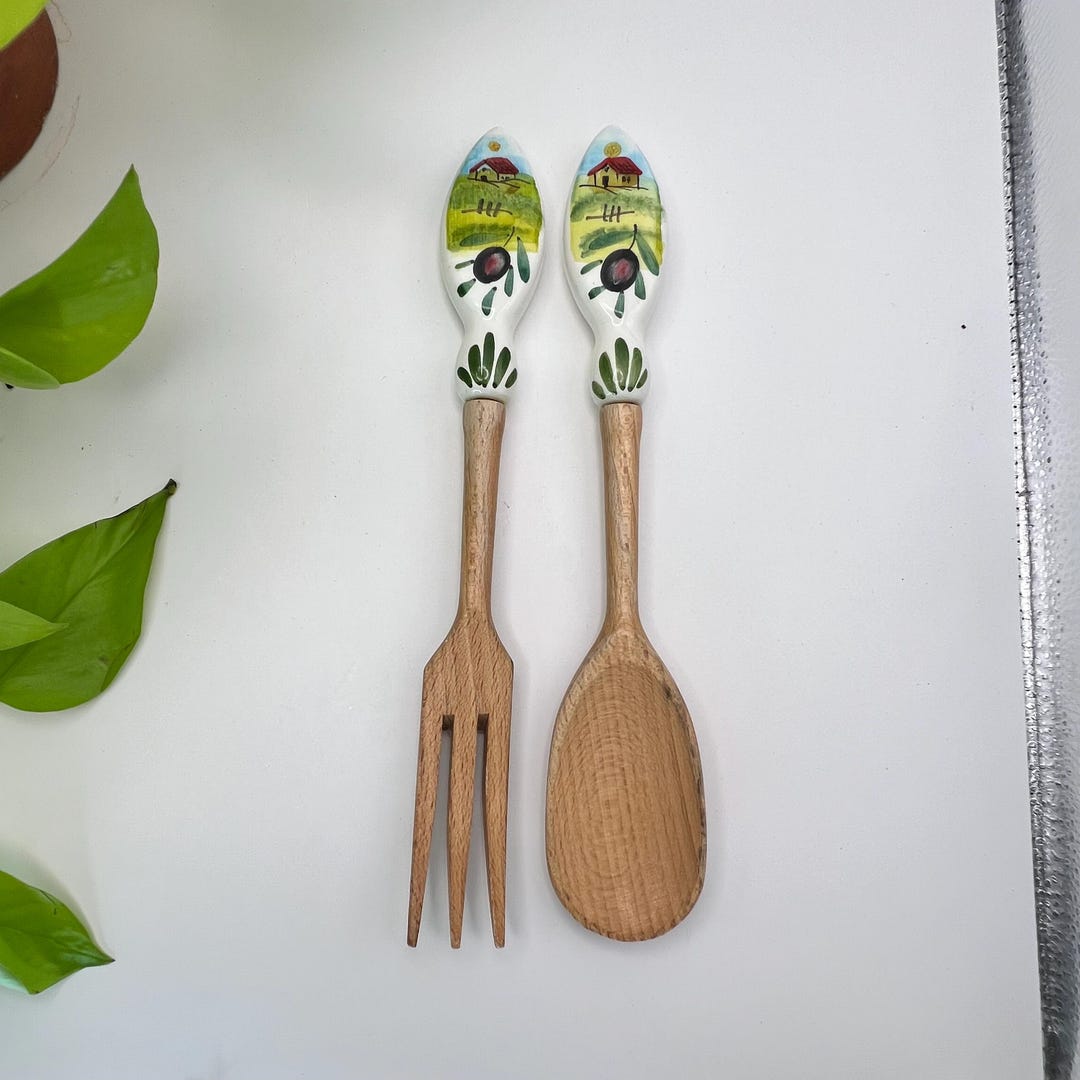 Vintage Ceramic Wood Salad Servers Hand Painted Tuscan Farmhouse Set - Etsy