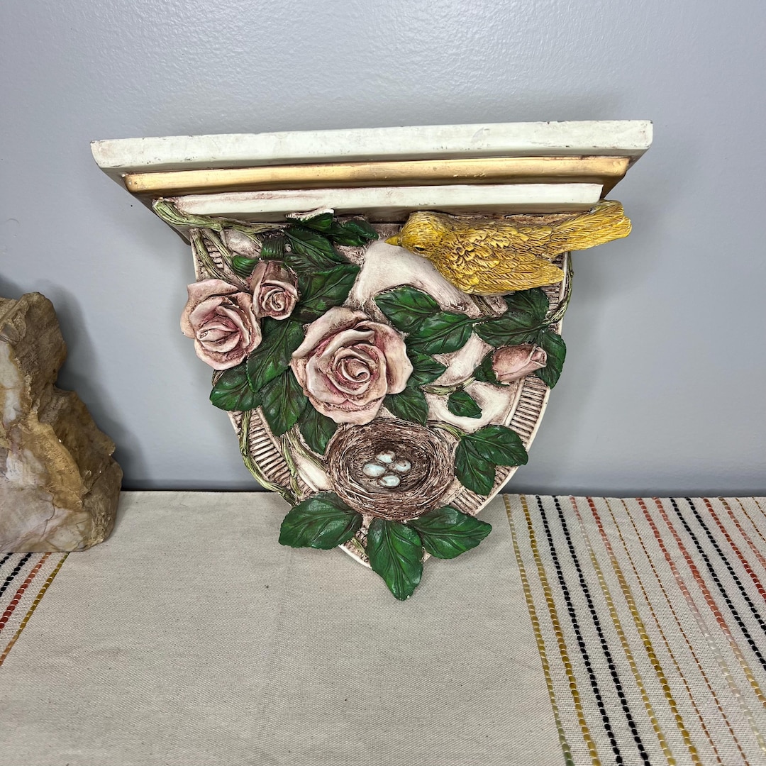 Cottage Core Wall Shelf With Bird, Roses, & Nest Vintage Floral Shabby ...