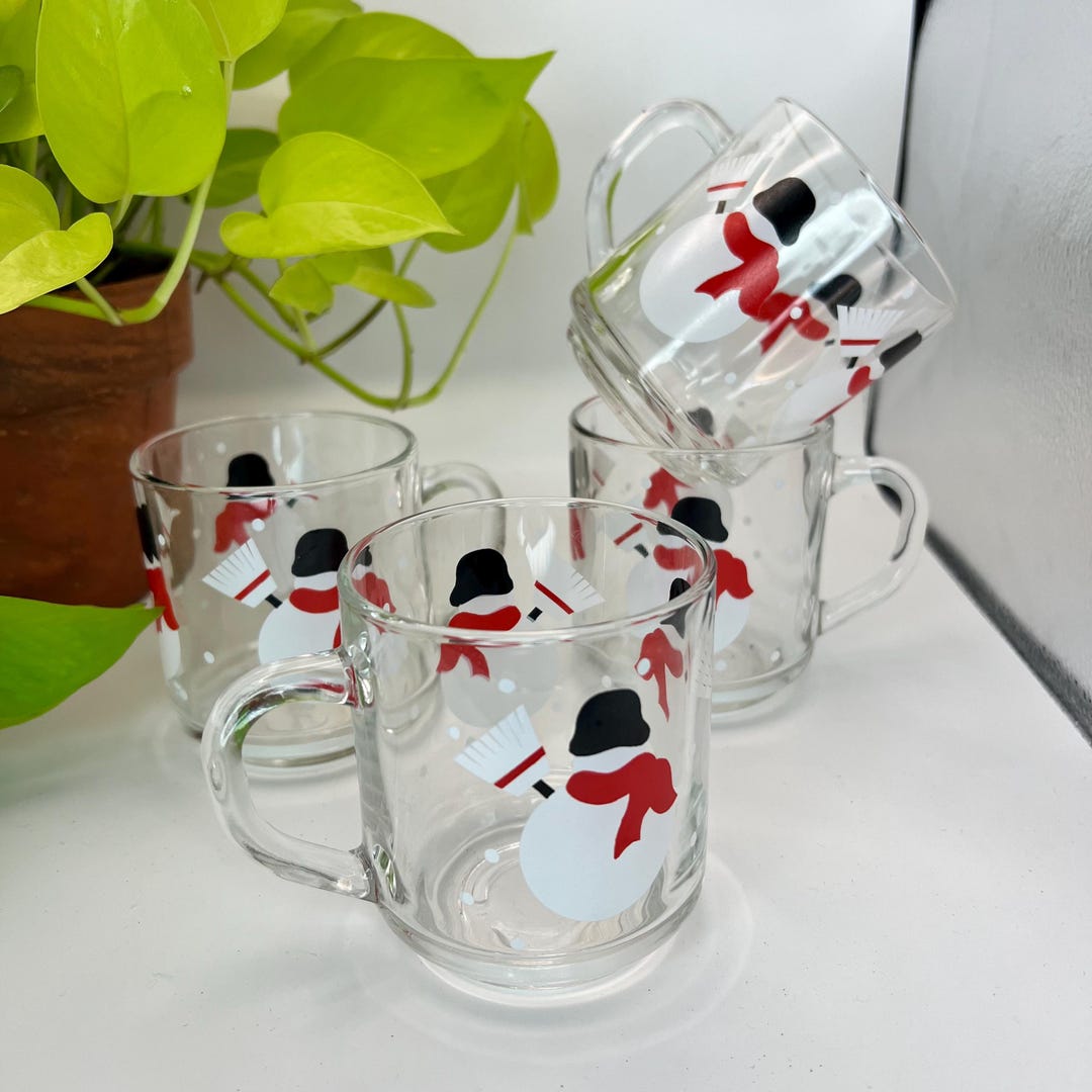 Vintage Luminarc Snowman Glass Mugs Set of 4 Christmas Holiday Clear ...