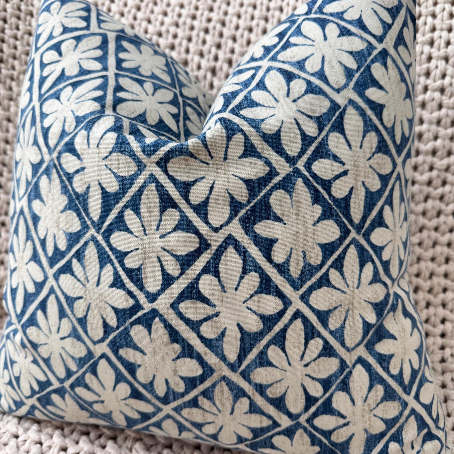 Blue and Natural Floral Diamond Pillow Cover - Etsy