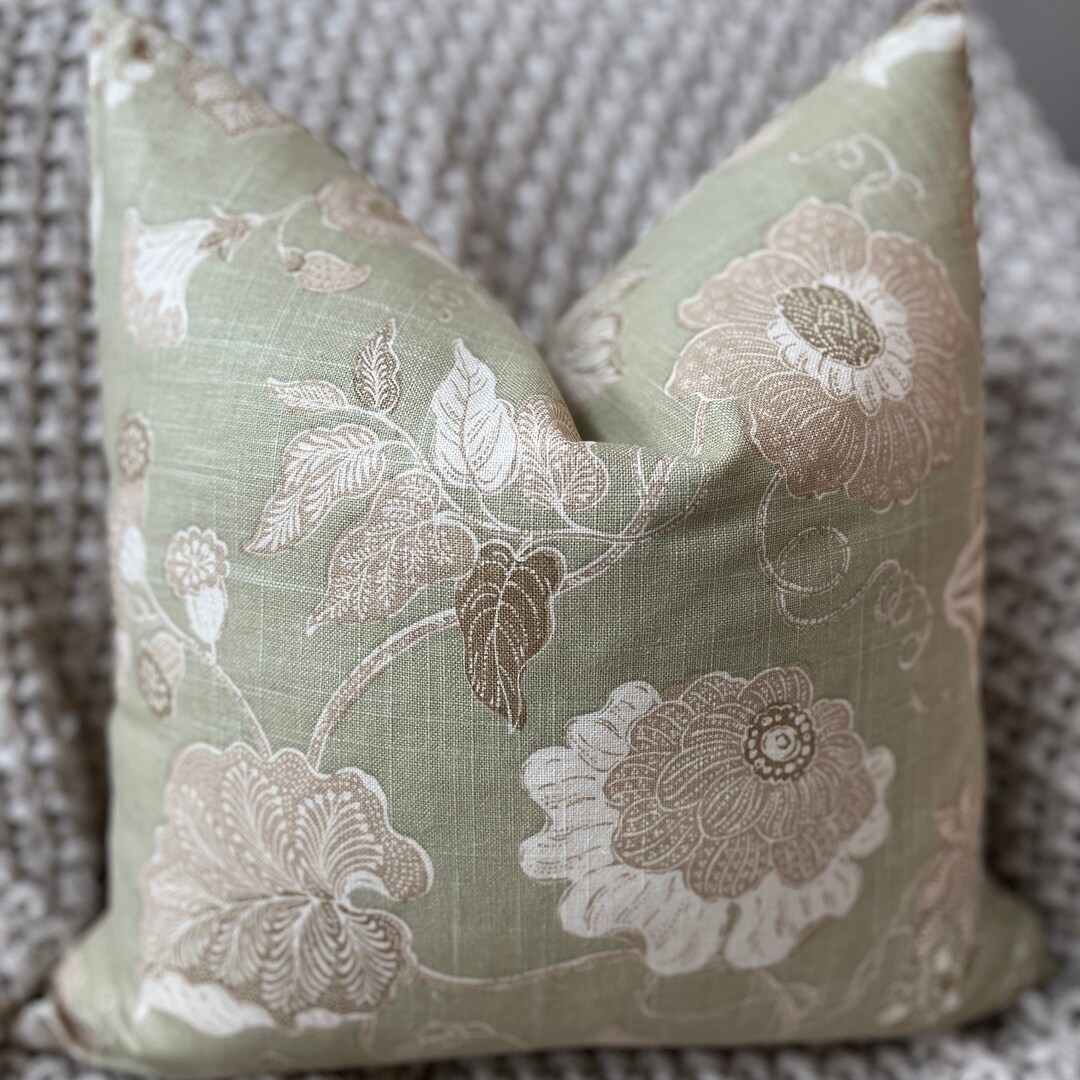 Green, Beige and Ivory Floral Pillow Cover - Etsy