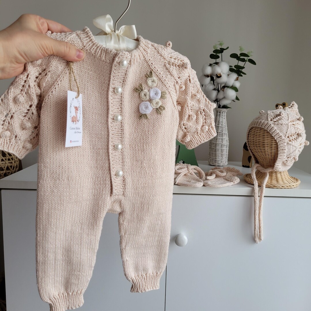 Hand-knitted Organic Cotton Baby Romper With Floral Embroidery - Etsy