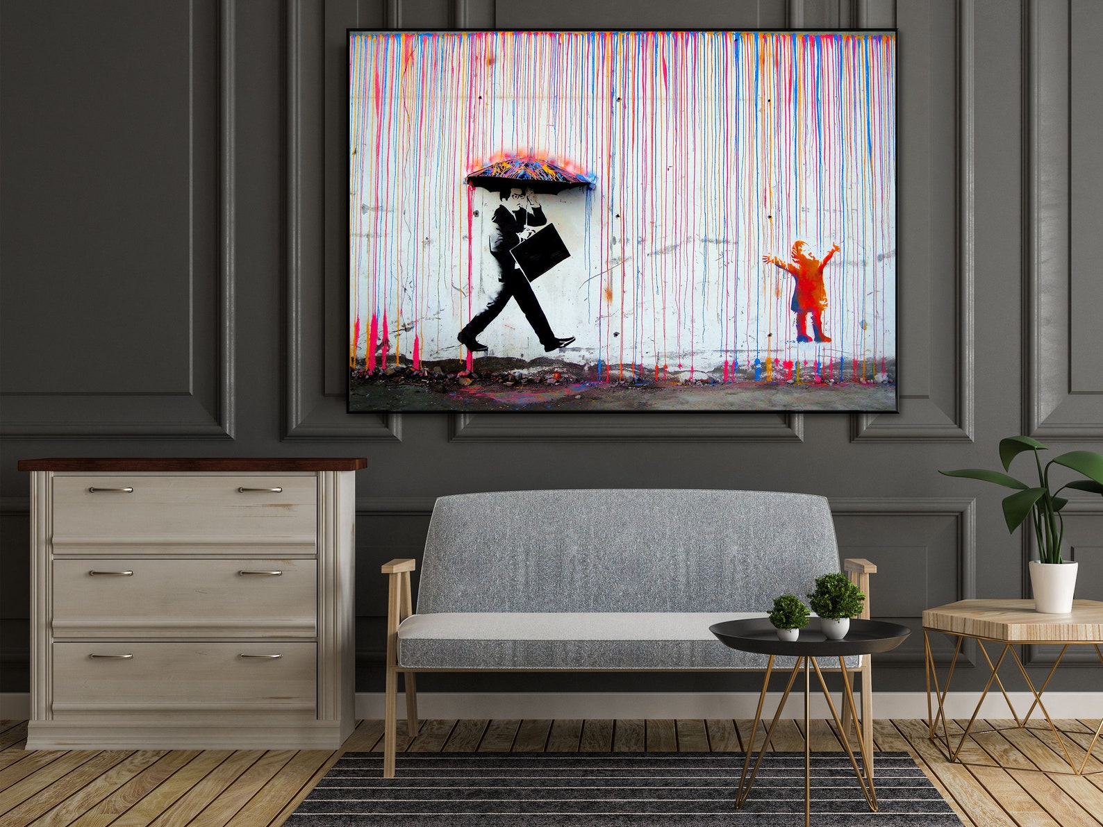 Coloured Rain , Umbrella Man, Child 100% Hand Painted Oil Painting on ...