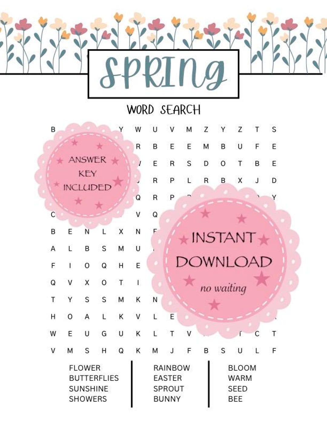 Spring-themed Word Search – Printable Digital Download -intermediate - Etsy