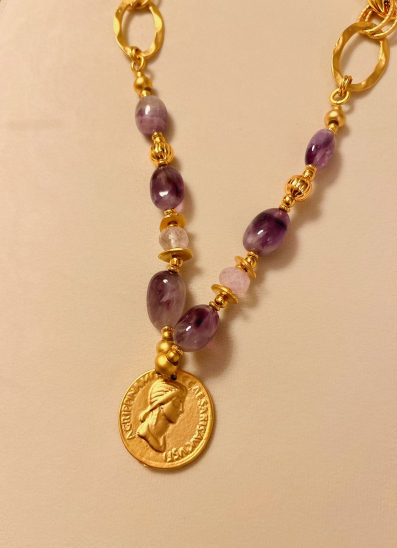 Amethyst Coin Necklace, Gemstones Collection, Roman Coin, 24K Gold ...