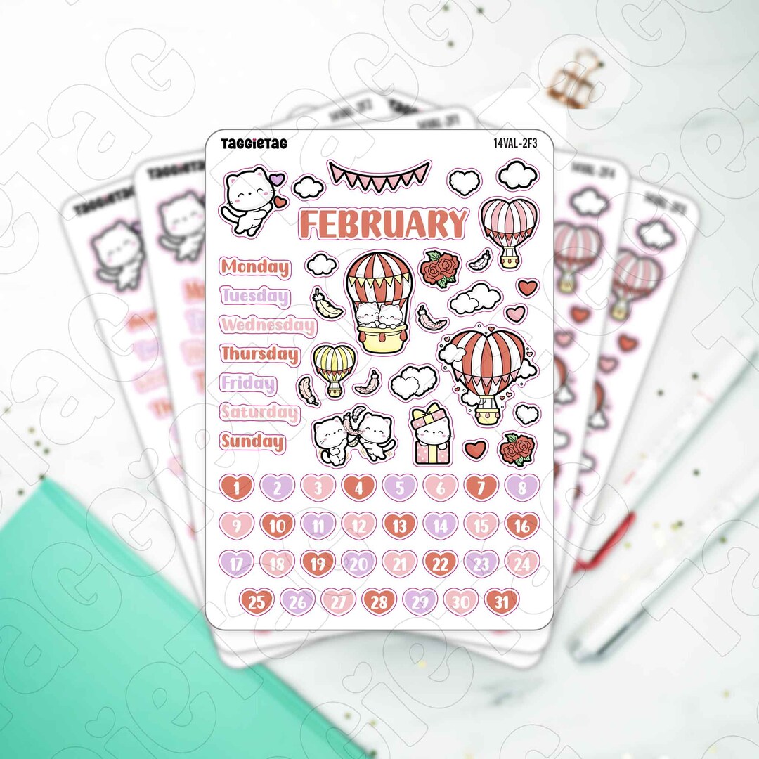 Valentines Monthly Planner Stickers Sheet for February - Cat Calendar ...